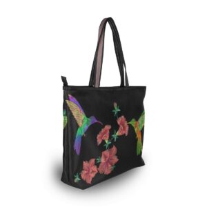 Womens Tote Purse Hummingbird Tote Bag with Zipper Ladies Flower Tote Bag Hummingbird Handbag