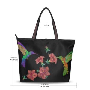 Womens Tote Purse Hummingbird Tote Bag with Zipper Ladies Flower Tote Bag Hummingbird Handbag