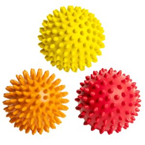 octorox spiky massage balls for feet, back, hands, muscles - firm, medium and soft spiked massager rollers for plantar fasciitis, exercise, neuro-balance, physical therapy, 3-inch