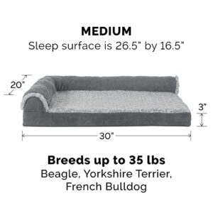 Furhaven Orthopedic Dog Bed for Medium/Small Dogs w/ Removable Bolsters & Washable Cover, For Dogs Up to 35 lbs - Two-Tone Plush Faux Fur & Suede L Shaped Chaise - Stone Gray, Medium