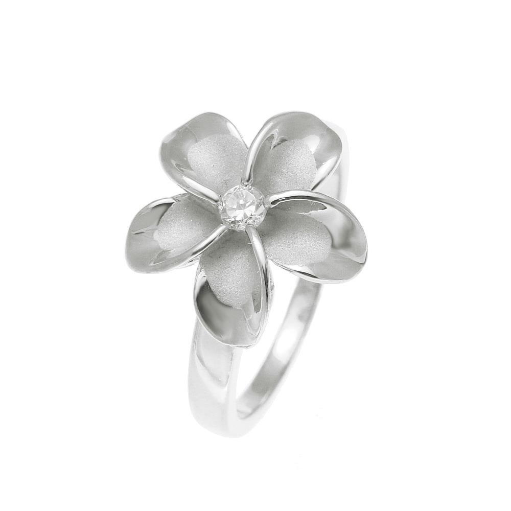 Arthur's Jewelry 925 sterling silver rhodium plated 15mm Hawaiian plumeria single flower cz ring size 4.5