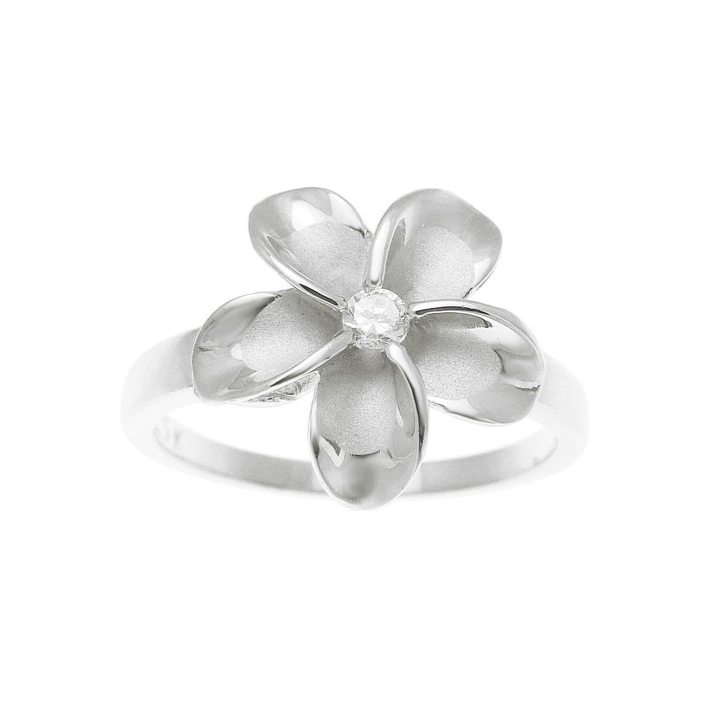 Arthur's Jewelry 925 sterling silver rhodium plated 15mm Hawaiian plumeria single flower cz ring size 4.5