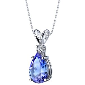 peora 14k white gold genuine tanzanite and diamond teardrop pendant for women, 2.30 carats total pear shape 10x7mm, aaa grade