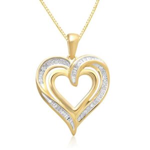 jewelili womens heart yellow gold over sterling silver necklace with natural white round and baguette diamonds 1/4 cttw 18" box chain