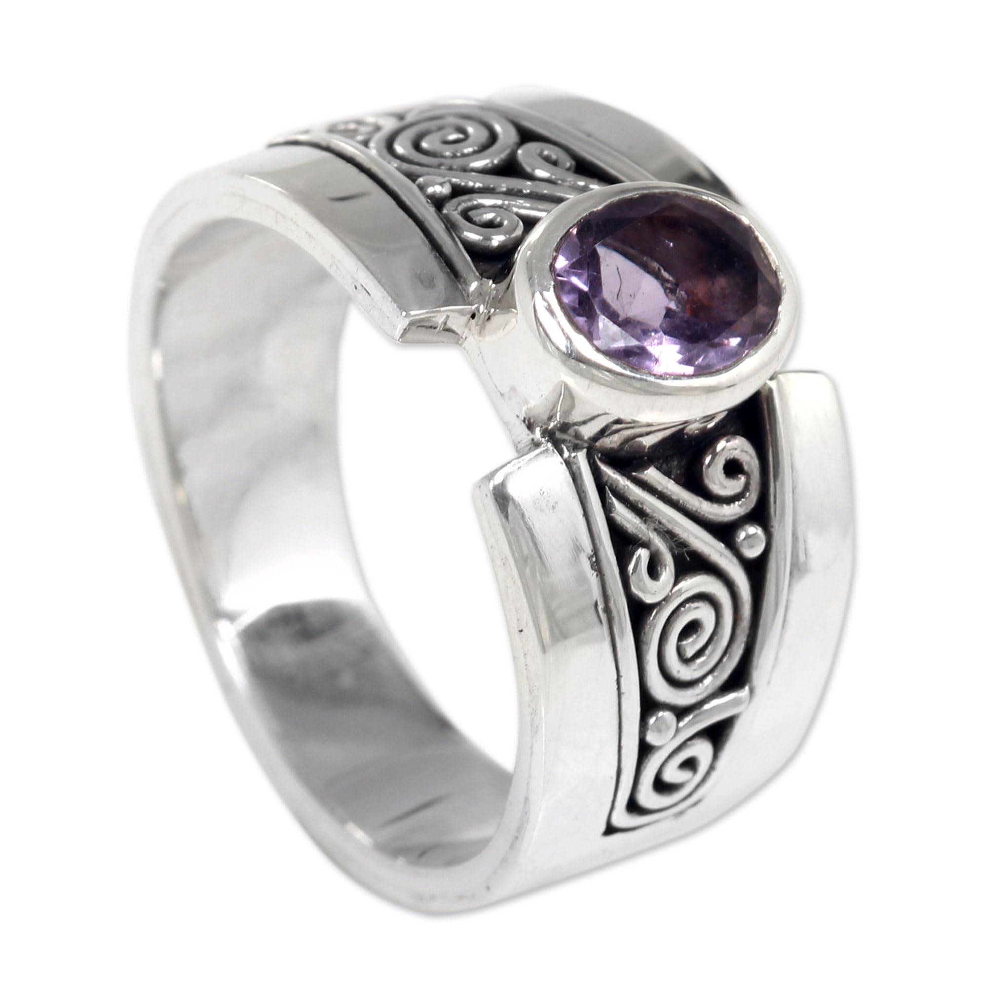 NOVICA Artisan Handmade .925 Sterling Silver Amethyst Single Stone Ring Artisan Crafted with Purple Indonesia Birthstone 'Purple Karma'