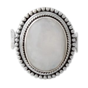 novica artisan handmade rainbow moonstone cocktail ring india sterling silver with white clear single [crownbezel 0.8 in l x 0.7 in w x 0.2 in h band width 2 mm w] ' rainbow glow'