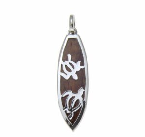 arthur's jewelry koa wood hawaiian honu sea turtle surfboard rhodium plated brass pendant