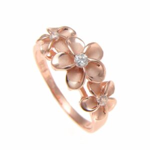 Arthur's Jewelry Pink rose gold plated sterling silver 925 Hawaiian 3 cz plumeria flower ring size 7