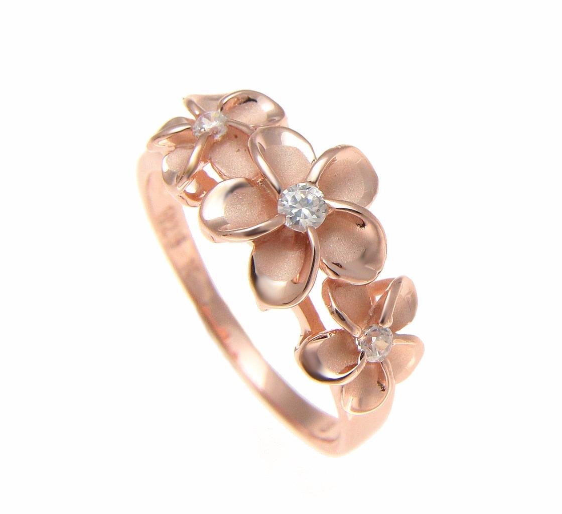 Arthur's Jewelry Pink rose gold plated sterling silver 925 Hawaiian 3 cz plumeria flower ring size 7