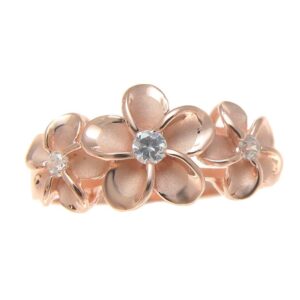 Arthur's Jewelry Pink rose gold plated sterling silver 925 Hawaiian 3 cz plumeria flower ring size 7