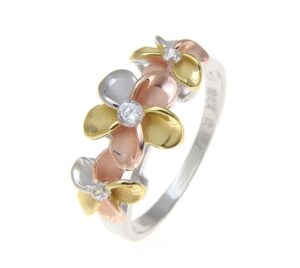 arthur's jewelry 925 sterling silver hawaiian yellow pink rose gold rhodium tricolor plated 3 plumeria flower cz ring size 9.5