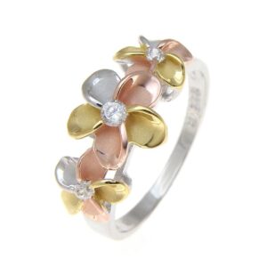 Arthur's Jewelry 925 sterling silver Hawaiian yellow pink rose gold rhodium tricolor plated 3 plumeria flower cz ring size 9.5