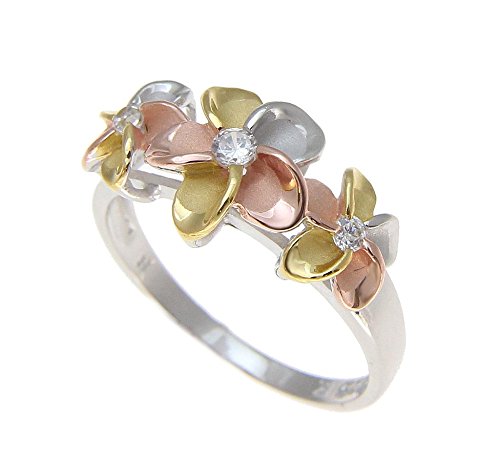 Arthur's Jewelry 925 sterling silver Hawaiian yellow pink rose gold rhodium tricolor plated 3 plumeria flower cz ring size 9.5