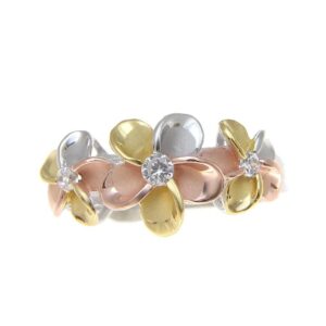 Arthur's Jewelry 925 sterling silver Hawaiian yellow pink rose gold rhodium tricolor plated 3 plumeria flower cz ring size 9.5