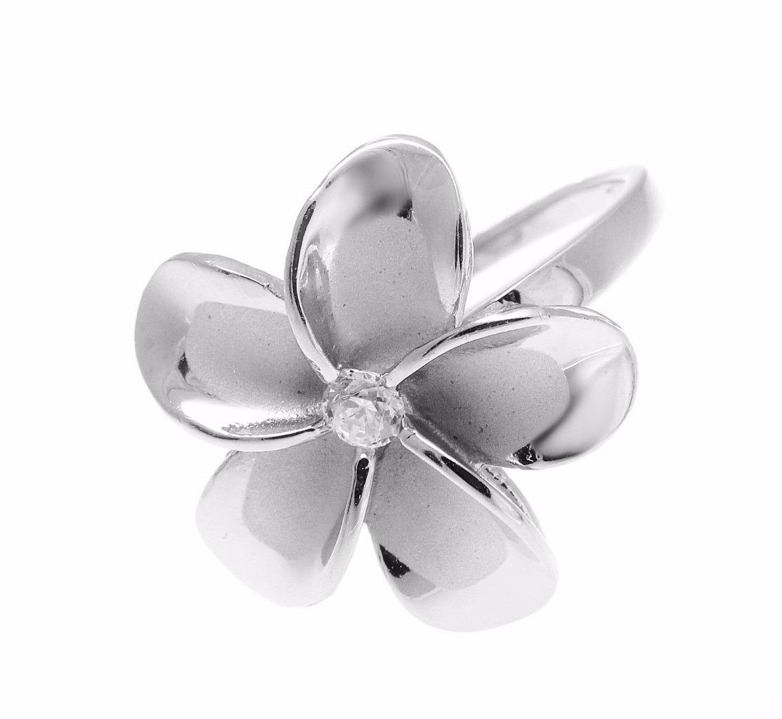 Arthur's Jewelry 925 sterling silver rhodium plated 21mm Hawaiian plumeria flower cz ring size 6