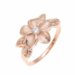 Arthur's Jewelry Pink rose gold plated sterling silver 925 Hawaiian plumeria flower cz maile leaf ring size 7