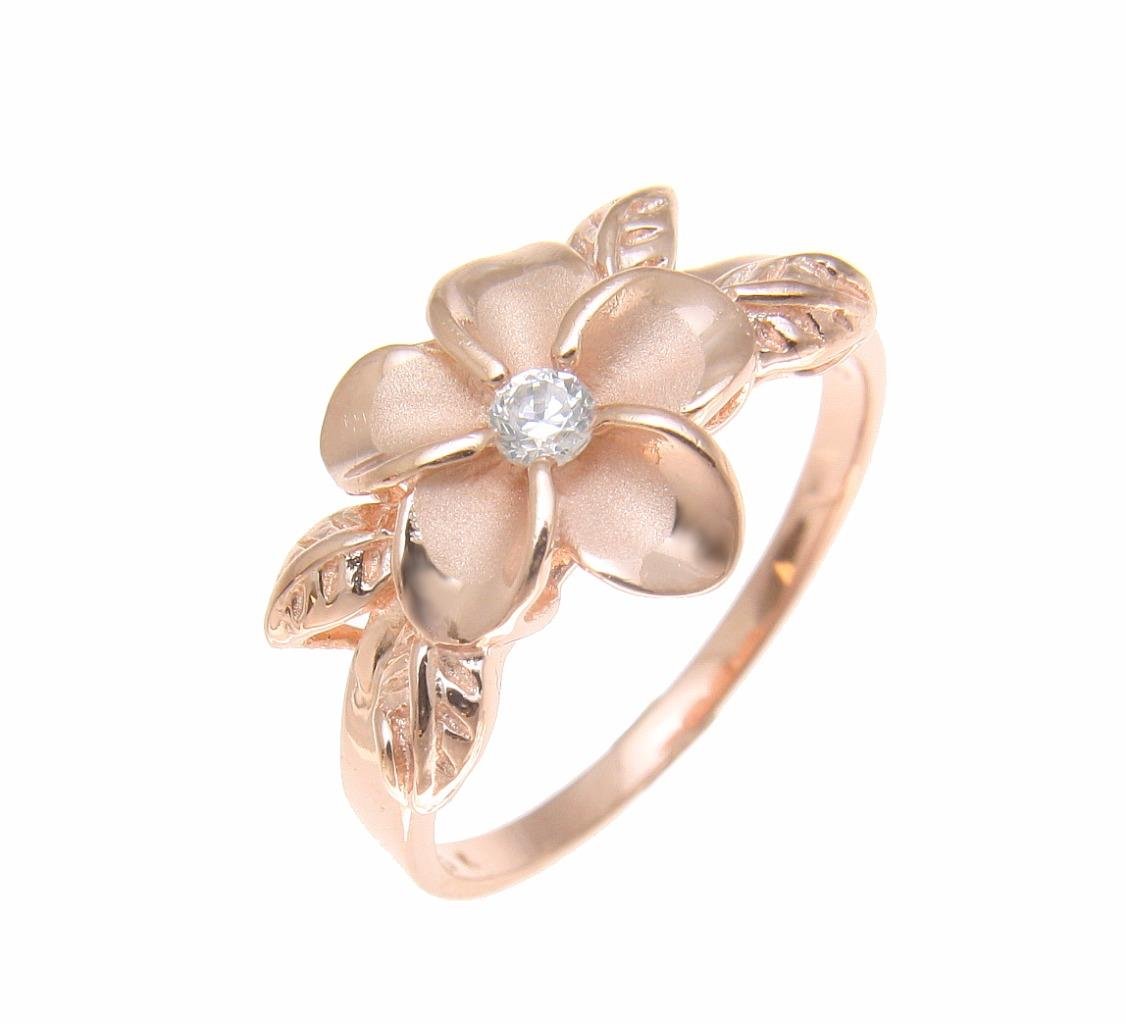 Arthur's Jewelry Pink rose gold plated sterling silver 925 Hawaiian plumeria flower cz maile leaf ring size 7