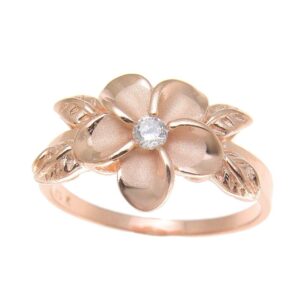 Arthur's Jewelry Pink rose gold plated sterling silver 925 Hawaiian plumeria flower cz maile leaf ring size 7