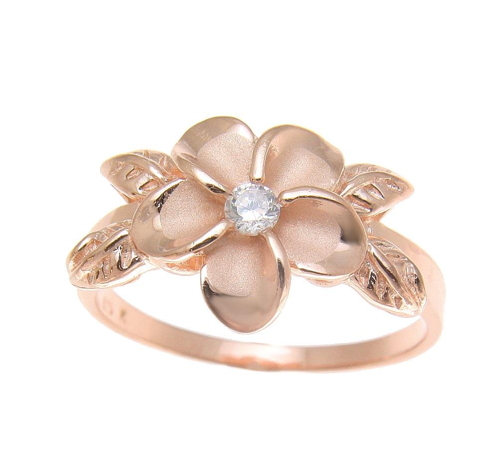 Arthur's Jewelry Pink rose gold plated sterling silver 925 Hawaiian plumeria flower cz maile leaf ring size 7