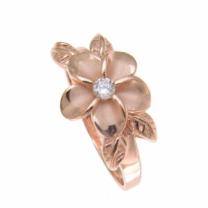 Arthur's Jewelry Pink rose gold plated sterling silver 925 Hawaiian plumeria flower cz maile leaf ring size 7