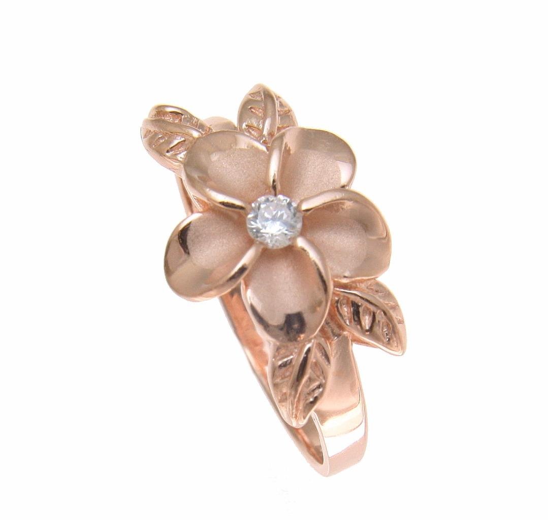 Arthur's Jewelry Pink rose gold plated sterling silver 925 Hawaiian plumeria flower cz maile leaf ring size 7