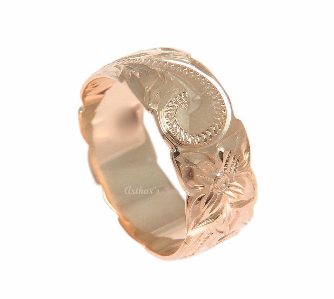 Arthur's Jewelry Pink rose gold plated 925 sterling silver Hawaiian 8mm plumeria flower scroll cut out edge ring size 10