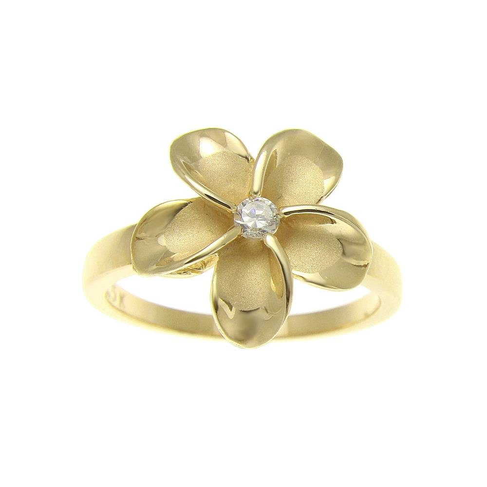 Arthur's Jewelry Yellow gold plated sterling silver 925 15mm Hawaiian plumeria flower cz ring size 7