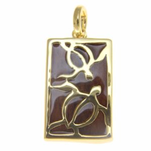 koa wood hawaiian scroll vertical honu turtle yellow gold plated brass reversible pendant