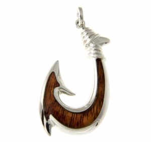 arthur's jewelry koa wood hawaiian wave fish hook rhodium plated brass reversible pendant