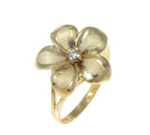 arthur's jewelry 14k solid yellow gold 15mm hawaiian single plumeria flower cz ring