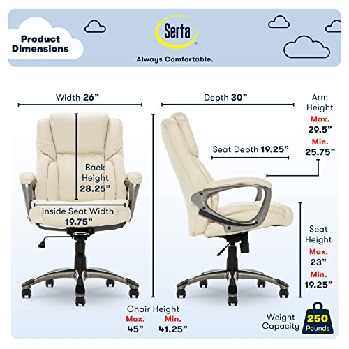 Serta Executive Office Adjustable Ergonomic Computer Chair with Layered Body Pillows, Waterfall Seat Edge, Bonded Leather, Ivory White