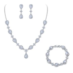 elequeen women's silver-tone cubic zirconia teardrop flower bridal v-necklace sets tennis bracelet dangle earrings clear