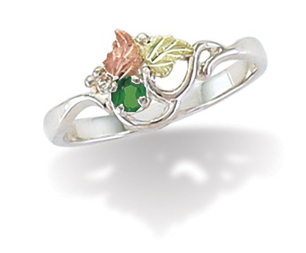 Sterling Silver Black Hills May Birthstone Ring with 3 MM Round Synthetic Emerald - Ring Size 7