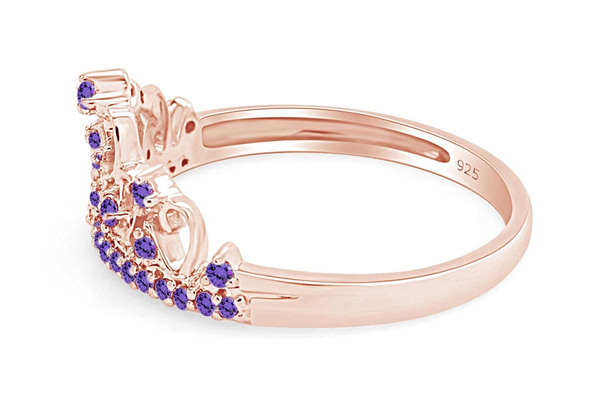 AFFY Round Cut Simulated Amethyst Princess Crown Ring in 14k Rose Gold Over Sterling Silver