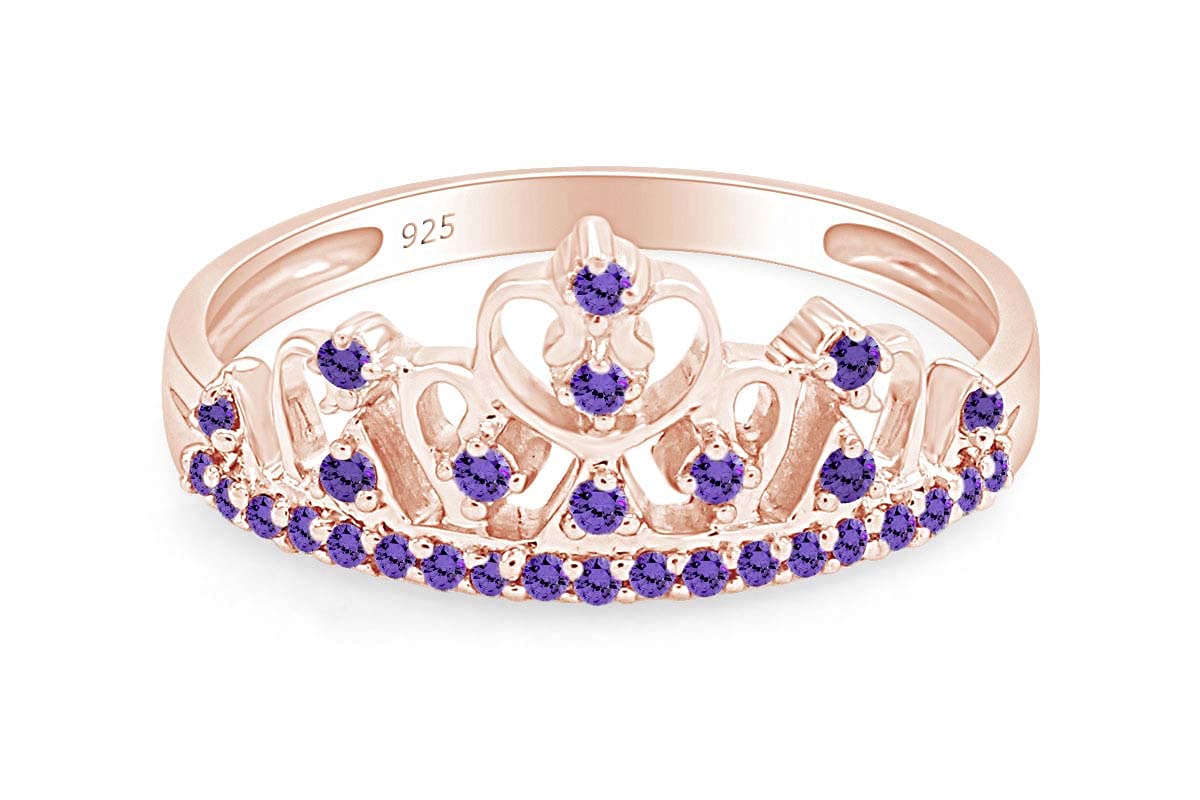 AFFY Round Cut Simulated Amethyst Princess Crown Ring in 14k Rose Gold Over Sterling Silver