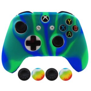 hikfly silicone controller cover skin protector case faceplates kits for xbox one x/one s/slim controller with 4pcs thumb grips caps(bluegreen)