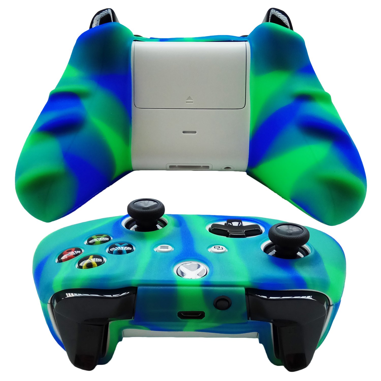 Hikfly Silicone Controller Cover Skin Protector Case Faceplates Kits for Xbox One X/One S/Slim Controller with 4pcs Thumb Grips Caps(Bluegreen)