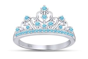 affy round cut simulated aquamarine princess crown ring in 14k white gold over sterling silver