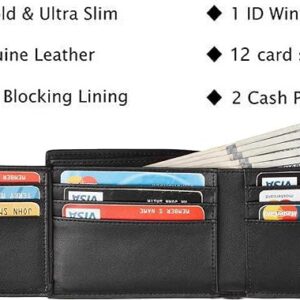 Travelambo Wallet for Men, Trifold Mens RFID Blocking Wallet, 12 Credit Card Holder Minimalist Front Pocket, Genuine Leather Slim Wallet with ID Window