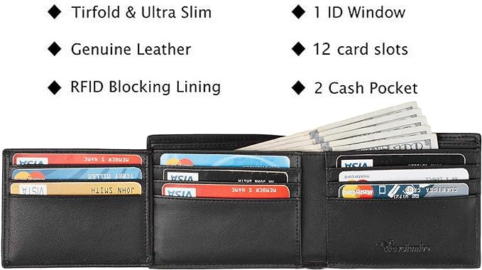 Travelambo Wallet for Men, Trifold Mens RFID Blocking Wallet, 12 Credit Card Holder Minimalist Front Pocket, Genuine Leather Slim Wallet with ID Window