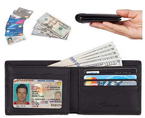 Travelambo Wallet for Men, Trifold Mens RFID Blocking Wallet, 12 Credit Card Holder Minimalist Front Pocket, Genuine Leather Slim Wallet with ID Window