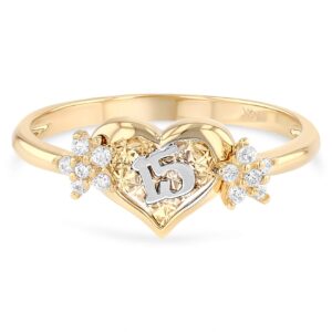 ioka - 14k solid yellow gold 15 years birthday cz heart quinceanera ring - size 6.5