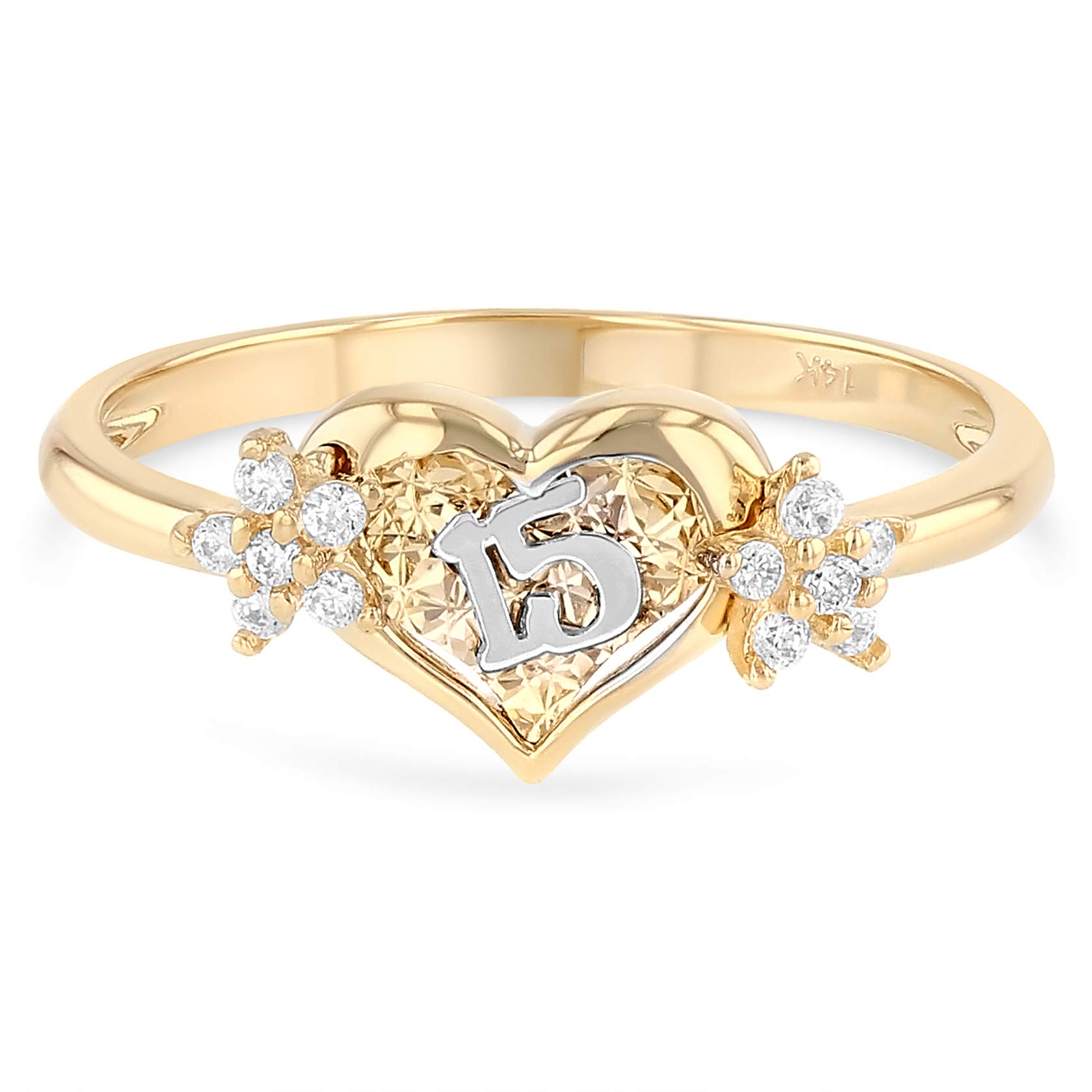 Ioka - 14K Solid Yellow Gold 15 Years Birthday CZ Heart Quinceanera Ring - Size 6.5