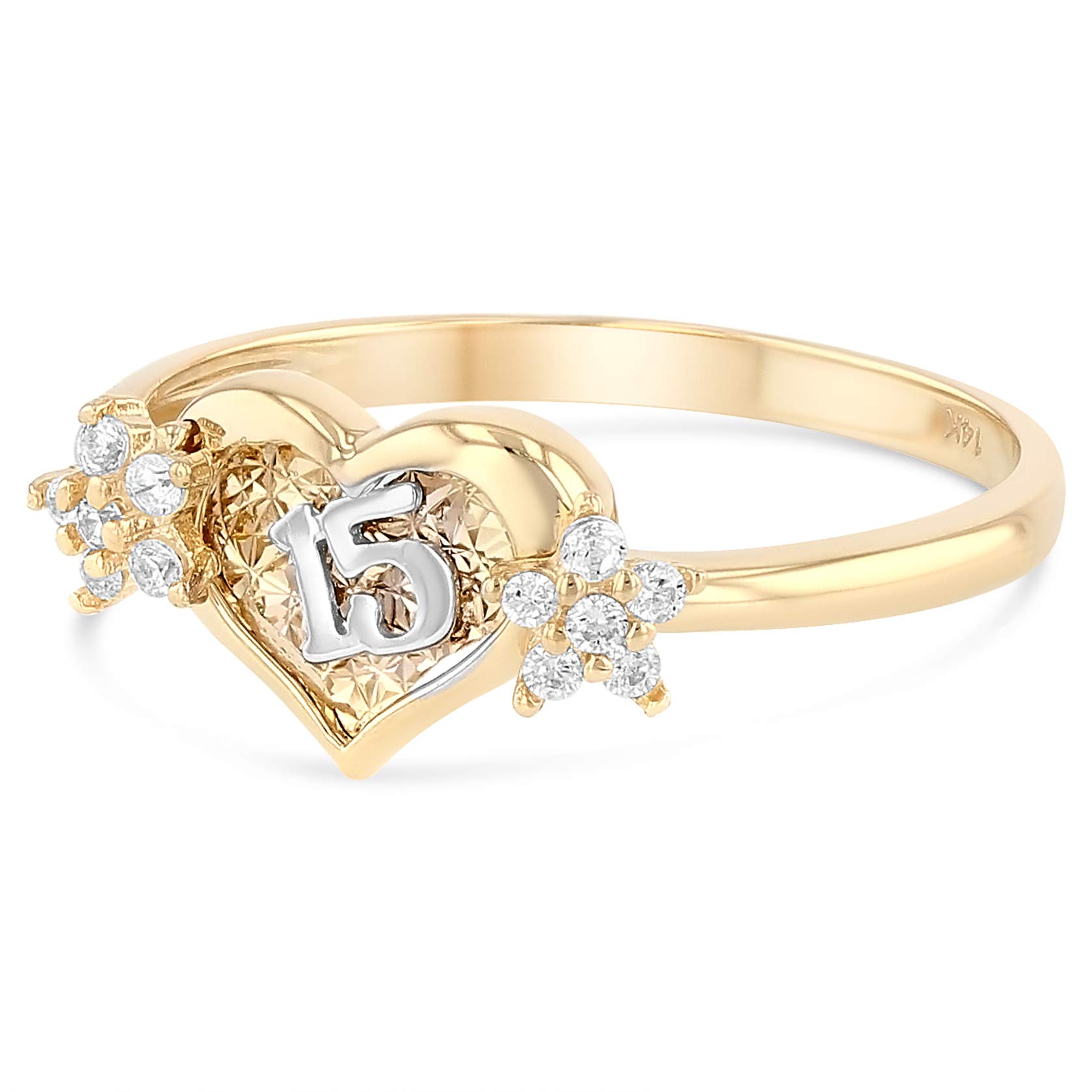 Ioka - 14K Solid Yellow Gold 15 Years Birthday CZ Heart Quinceanera Ring - Size 6.5