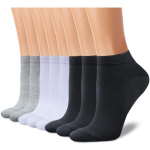 charmking 8 pairs ankle socks for women non slip cotton socks no show socks classic low cut casual socks (black+white+grey)