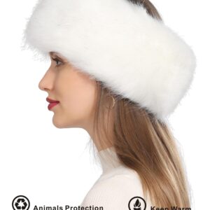 Rulala Fancy Faux Fur Headband for Women Winter Earwarmer Earmuff with Elastic(White)