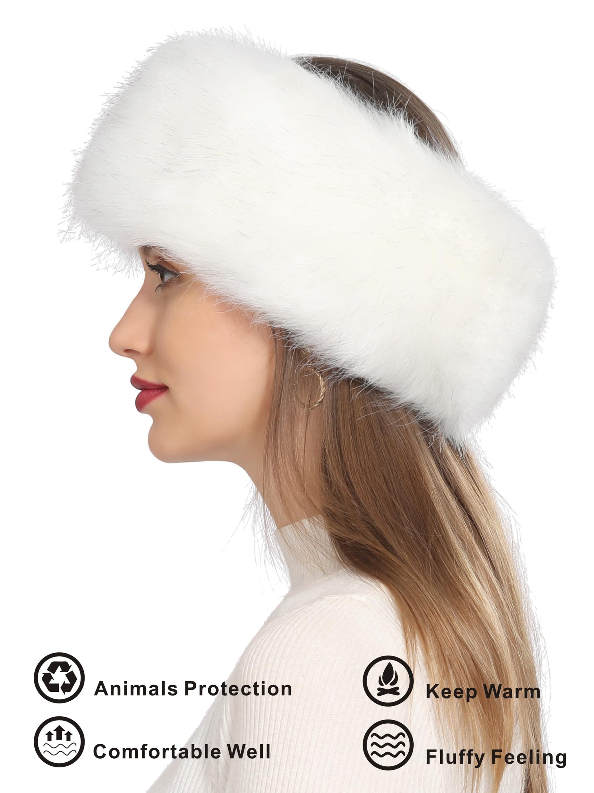 Rulala Fancy Faux Fur Headband for Women Winter Earwarmer Earmuff with Elastic(White)