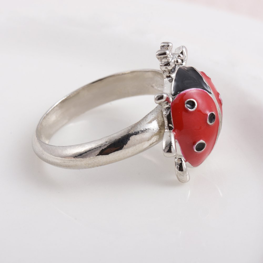 PANGRUI Cute Red Enamel Six-Spotted Ladybug Ring (Silver, 9)