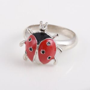 PANGRUI Cute Red Enamel Six-Spotted Ladybug Ring (Silver, 9)