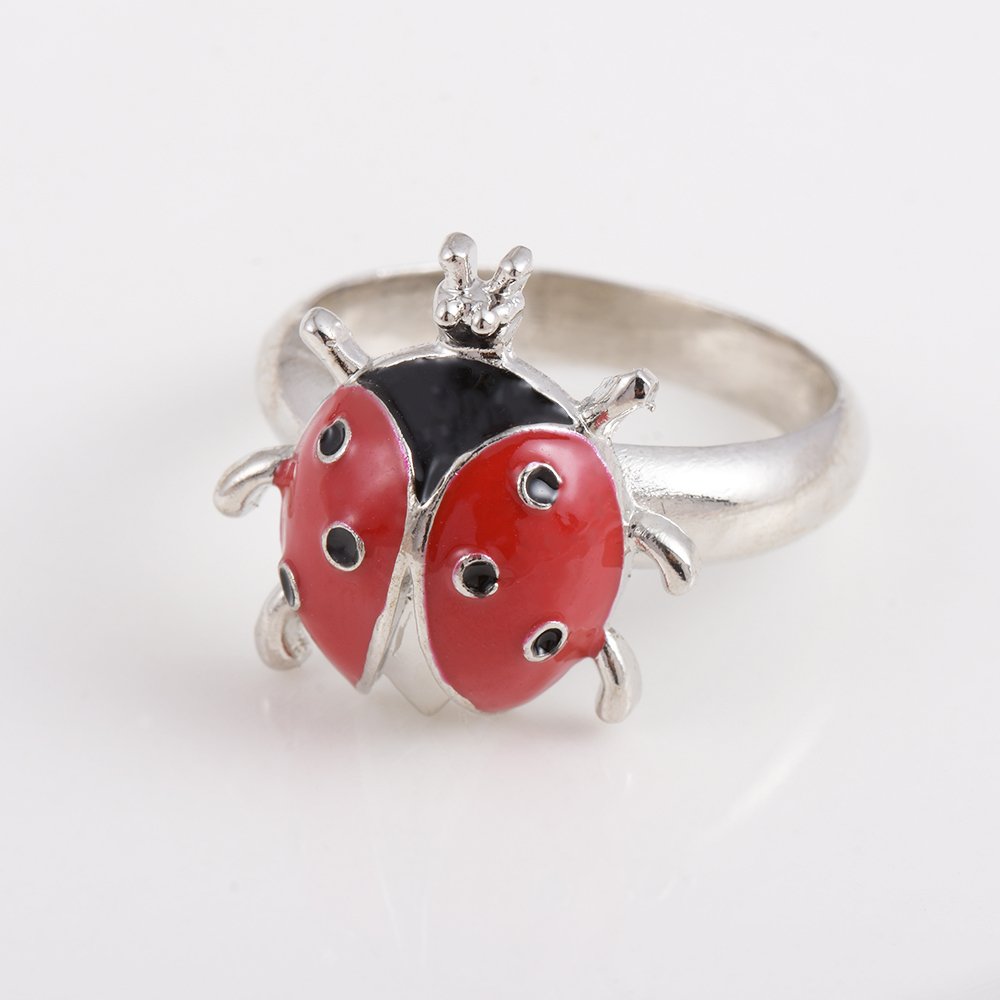 PANGRUI Cute Red Enamel Six-Spotted Ladybug Ring (Silver, 9)